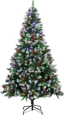 HOMCOM zasněžený vánoční strom 180 cm s 250 LED, 11 režimů, dálkové ovládání, 840 špiček, 34 šišek a 34 bobulí, zelený