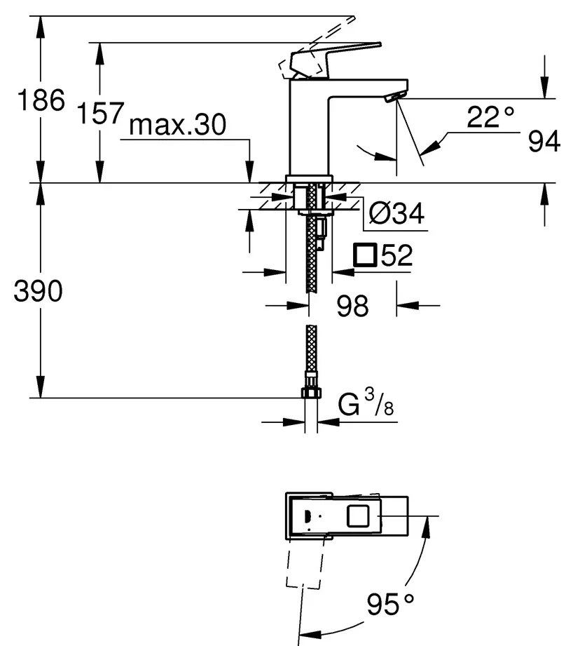 Grohe Eurocube - Páková umyvadlová baterie, Energy Saving, S-Size, chrom 2339200E