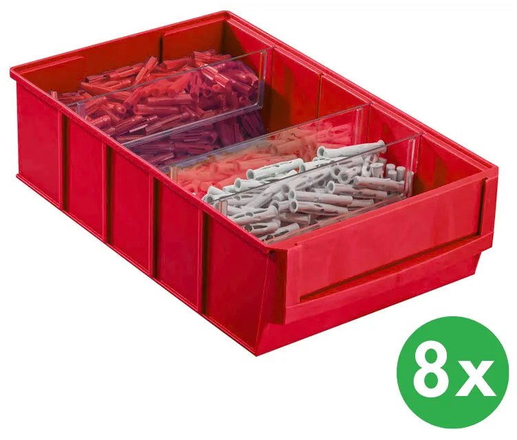 Plastový regálový box ShelfBox typ D - 183 x 300 x 81 mm, 8 ks, červený