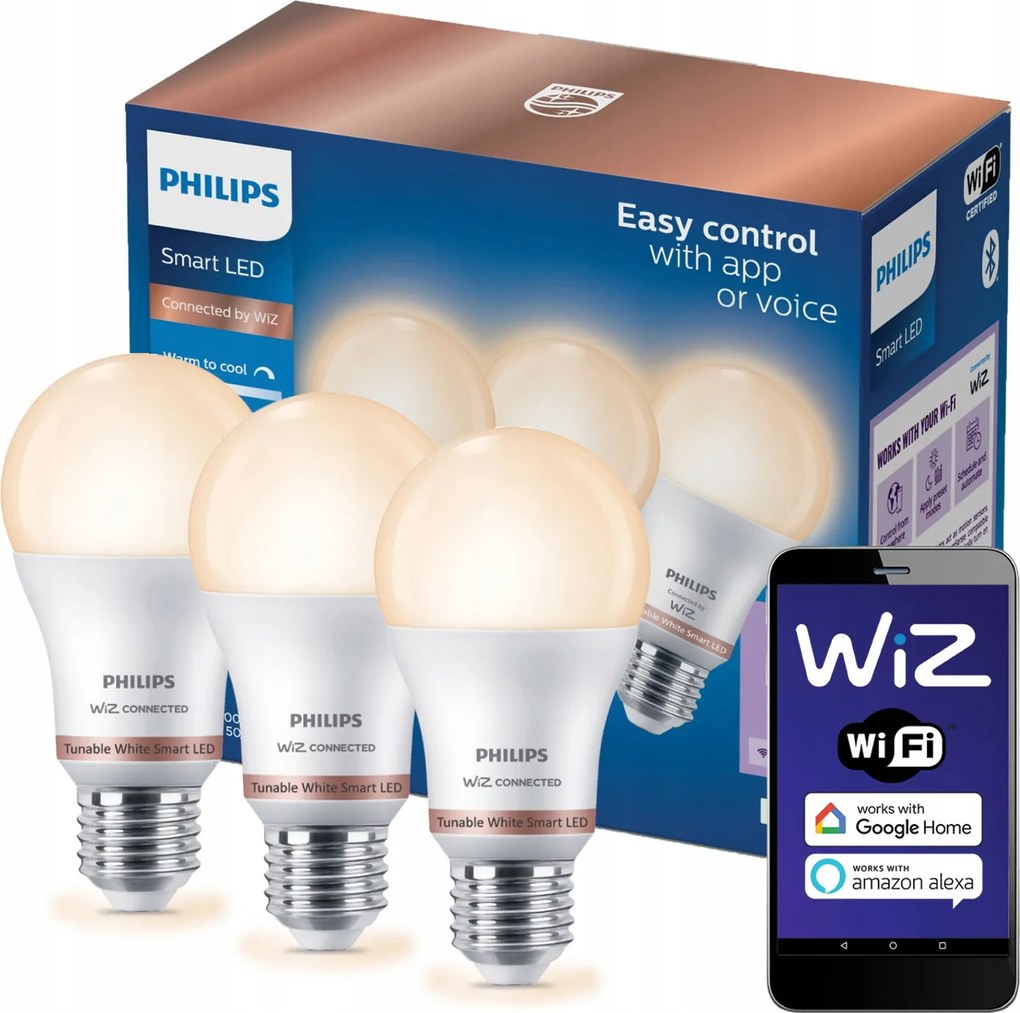 3x Led žárovka E27 8W 60W 2700-6500K Smart WiFi Philips Aplikace WiZ
