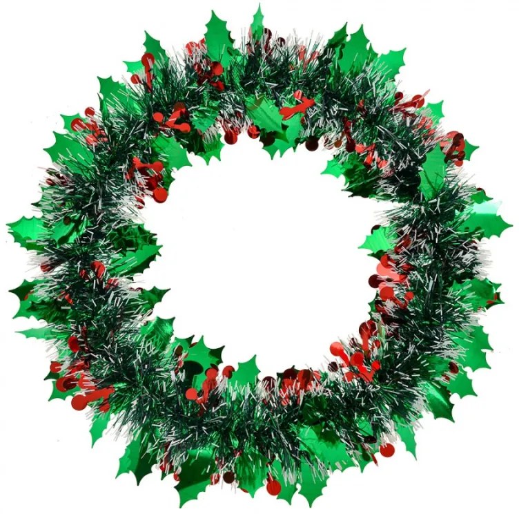 Zeleno-stříbrný vánoční věnec s cesmínou – průměr 35 cm