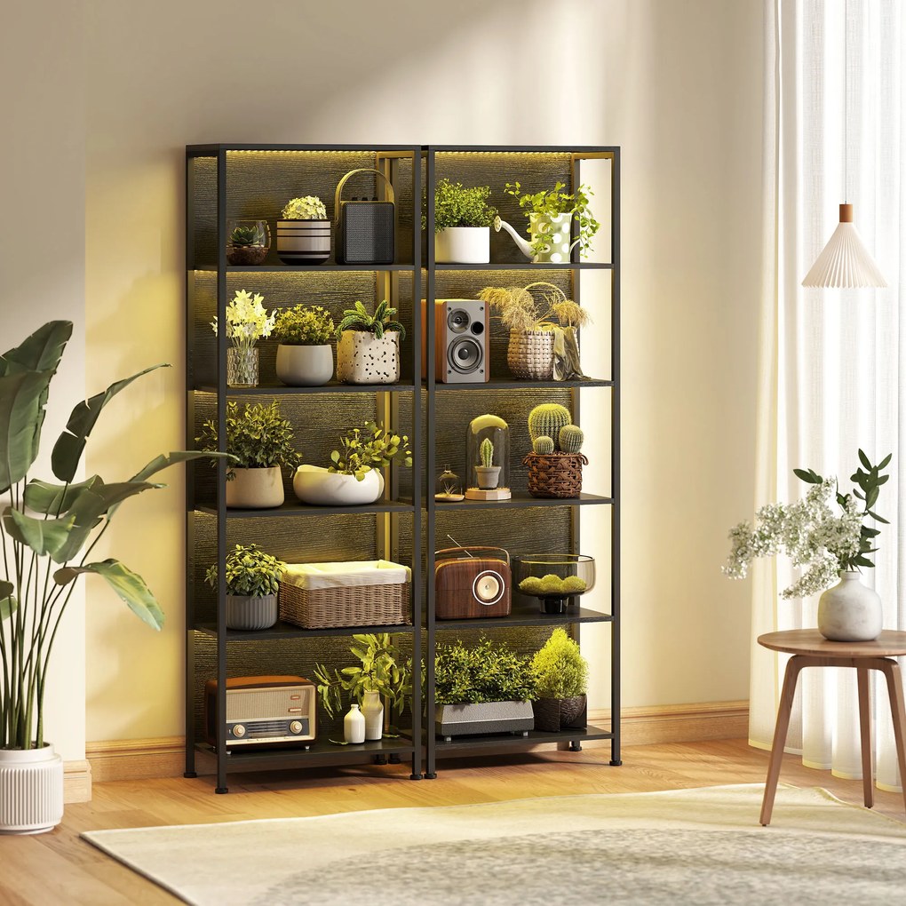 HOMCOM Knihovna s 5 policemi, volně stojící regál s LED osvětlením, 7 barev světla, do obývacího pokoje, 60 x 30 x 179 cm, černá