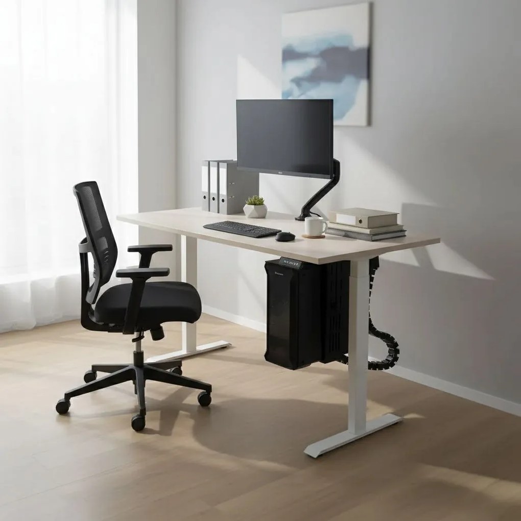 Výškově nastavitelný stůl OfficeTech C, 140 x 80 cm, bílá podnož, bílý jasan