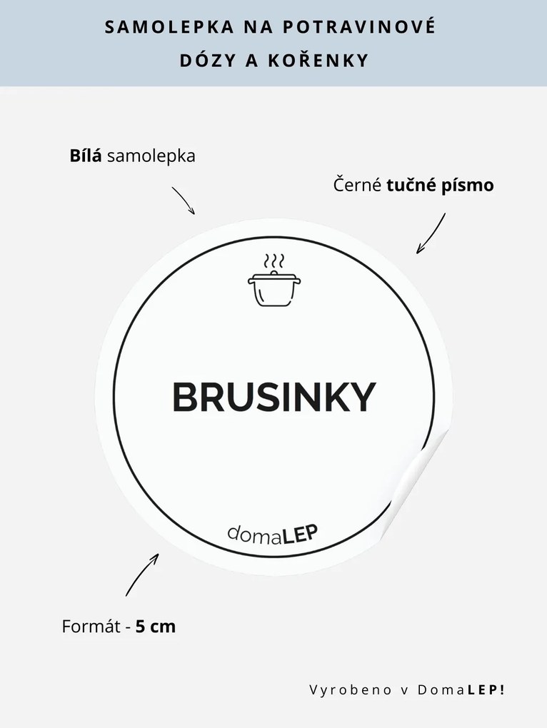 BRUSINKY – bílá samolepka na dózu, tučné písmo, 5 cm | DomaLEP
