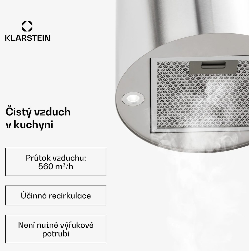 Klarstein Barett, digestoř, 35 cm, ostrůvková, 522 m³/h, LED, filtr s aktivním uhlím, nerezová ocel
