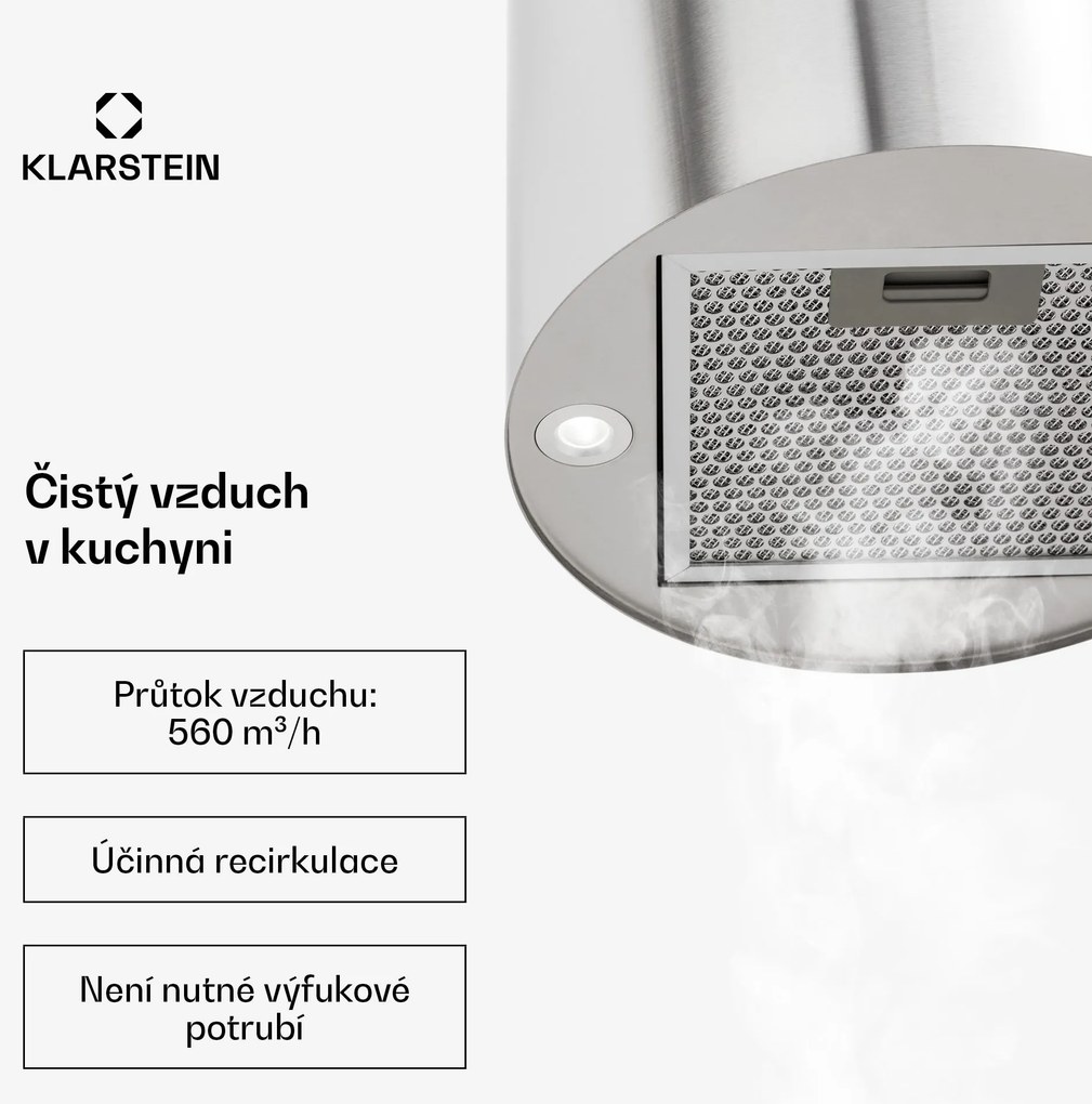 Klarstein Barett, digestoř, 35 cm, ostrůvková, 560 m³/h, LED, filtr s aktivním uhlím, nerezová ocel
