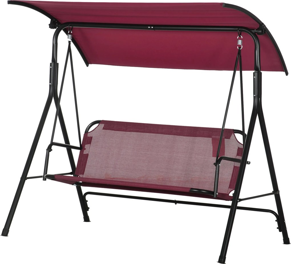 Zahradní houpačka Outsunny pro 3 osoby s nastavitelnou sluneční clonou, prodyšným potahem a kovovým rámem, nosnost do 240 kg, 172x110x153 cm, vínová č