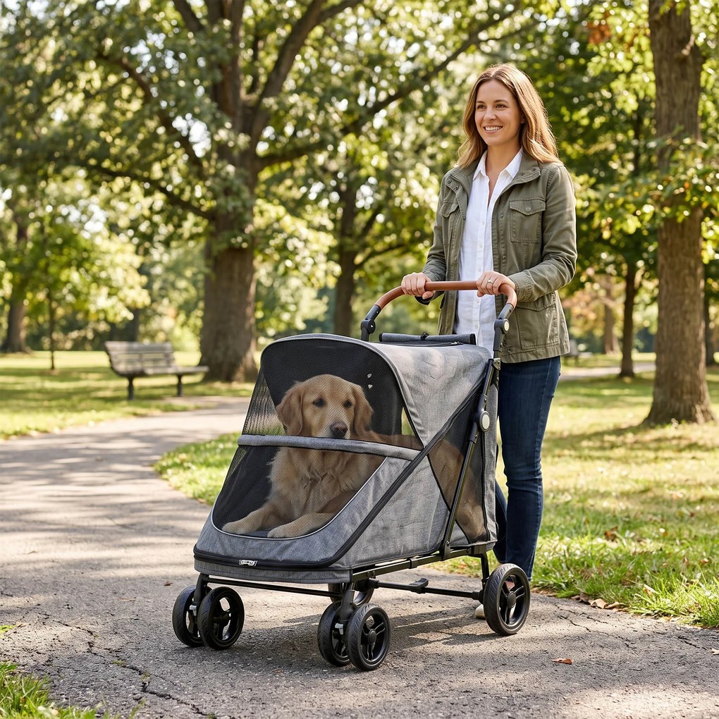 Skládací psí kočárek PawHut – nosnost až 40 kg, odpružení na 4 kolech, přední kola otočná o 360°, pratelná vložka, nastavitelná rukojeť, šedý