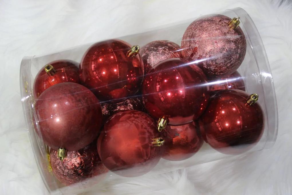 Červené a růžové plastové vánoční koule 8 cm 12ks