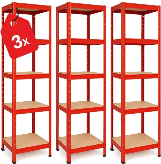 Akce 3x Regál 180x40x40 cm lakovaný 5-policový, nosnost 875 kg - červený