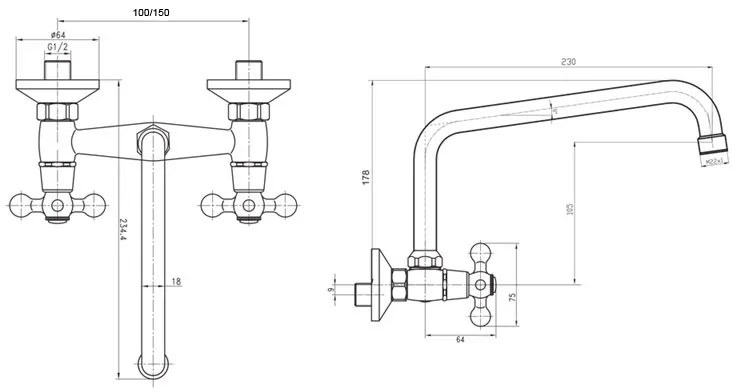 Mereo Retro Viktorie baterie dřezová nástěnná 150 mm s U ramínkem trubkovým 18 mm 230 mm mosaz chrom CBL30104