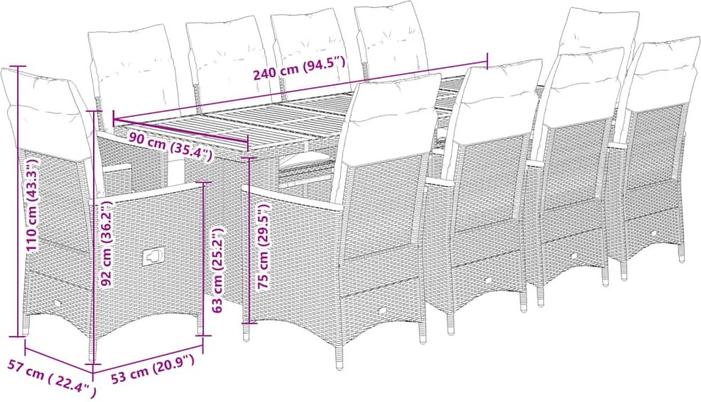 11dílný zahradní bistro set s poduškami černý polyratan 3277250