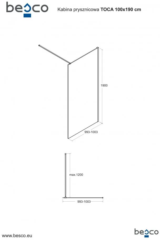 BESCO Walk-in sprchový kout TOCA BARVA rámu - Černá, Rozměr A - 100 cm, Rozměr C - 190 cm, Směr zavírání - Univerzální Levé / Pravé, Výplň - Čiré bezpečnostní sklo - 8 mm BCTOCA10