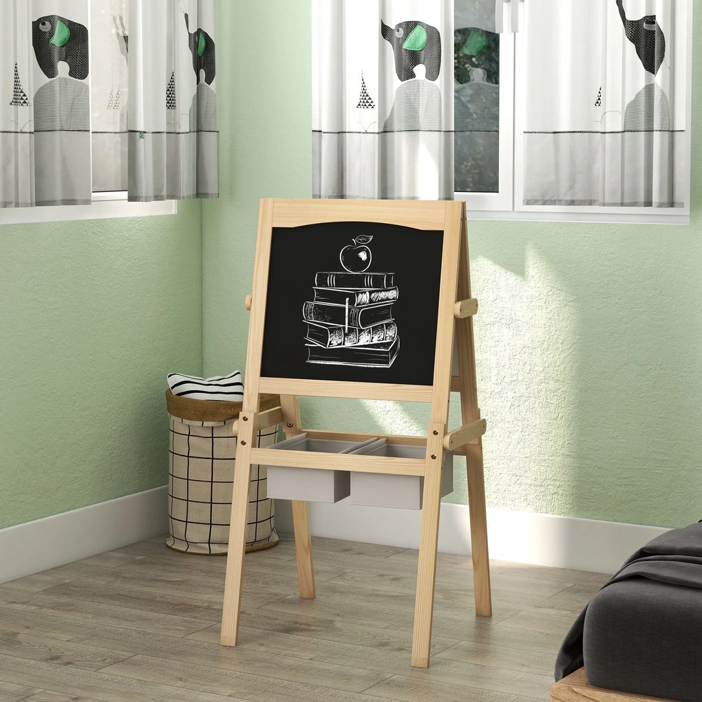 Dětský easel AIYAPLAY 3 v 1 s oboustrannou tabulí, dřevěný easel pro kreslení s papírovým válcem a 2 košíky 58x50,5x109 cm přírodní