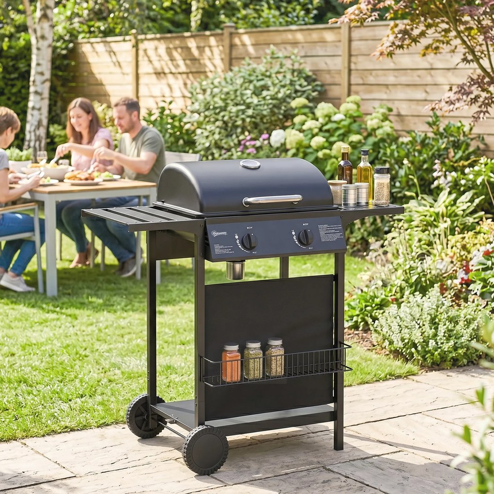 Plynový gril 5 KW 2 hořáky BBQ grilovací vozík z nerezové oceli včetně bočního stolku spodní koš přední kryt teploměr smaltovaný grilovací rošt