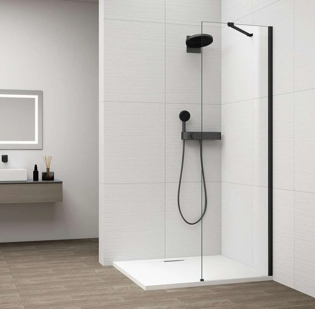 Polysan Esca - Sprchová stěna Walk-In 60x210 cm, Antidrop, sklo čiré/matná černá ES1060-02