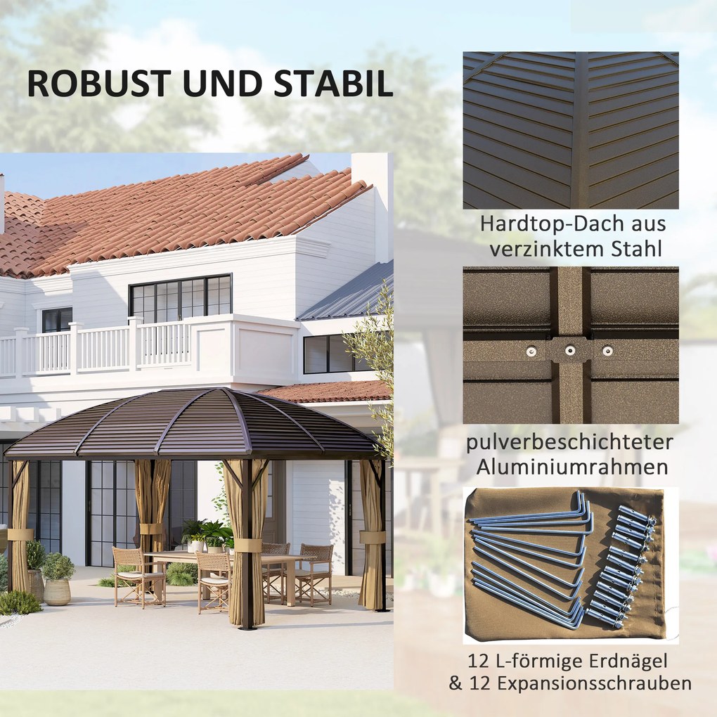 Zahradní altán 4×3 m s pevnou střechou, hliníkový pavillon, moskytiéra, bočnice, voděodolný, hnědý