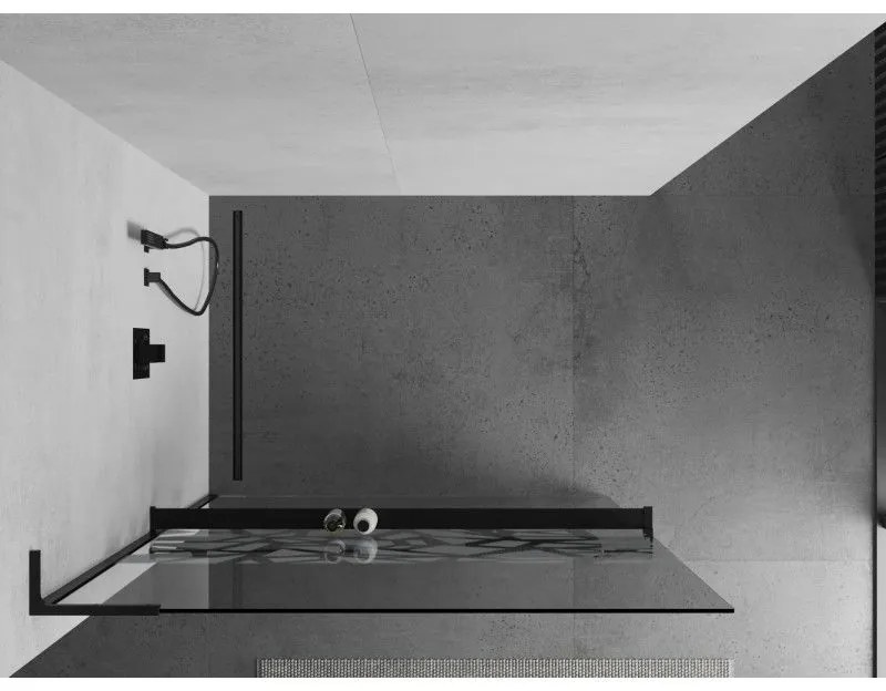 Mexen Kioto+ L, sprchová zástěna Walk-In s poličkou a ramínkem 100 x 200 cm, 8mm čiré sklo bílý vzor, černý profil, 800-100-123-70-85