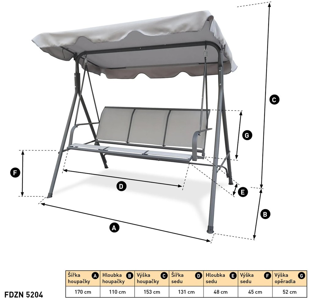 Fieldmann FDZN 5204 Zahradní houpačka Rozměry konstrukce Š×V×H - 170 x 153 x 110 cm, Rozměry sedací plochy Š×V×H - 131 x 45 x