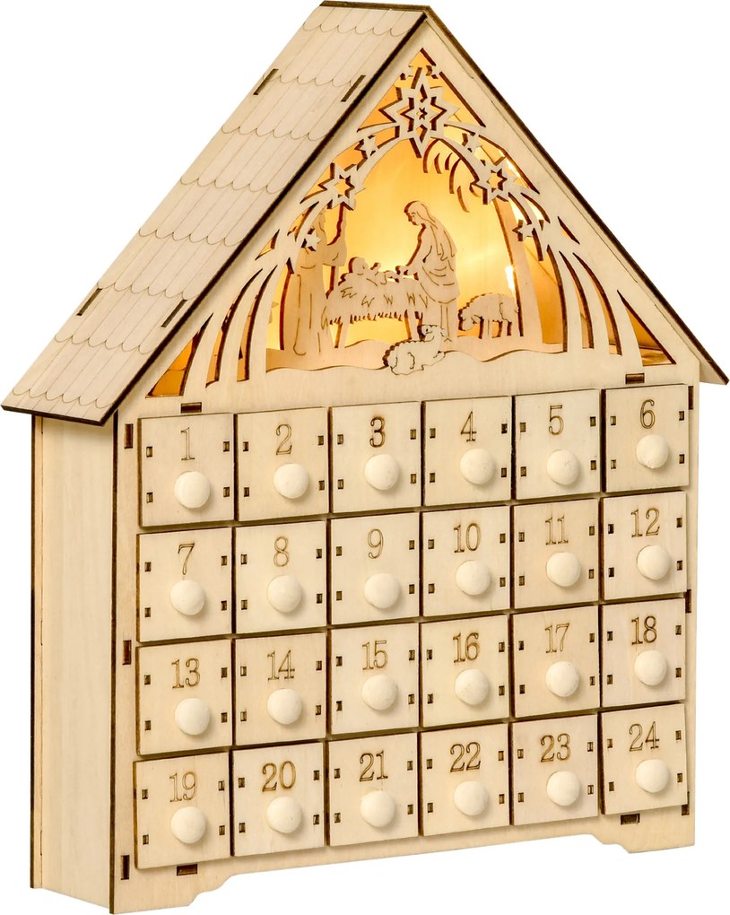 HOMCOM Adventní kalendář s LED osvětlením, 24 zásuvek, scéna betlému, 26,6 x 30 cm, vzhled dřeva