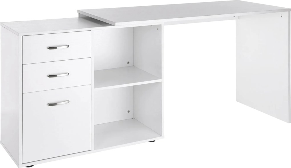 HOMCOM Bílý Moduární Rohový Rovný Stůl Jídelní Stůl 2 v 1 Počítačový Stůl 3 Šuplíky + 2 Polic MDF | Aosom
