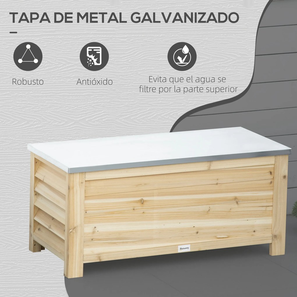 Outsunny Zahradní Úložný Truhla 155L s Pozinkovaným Víkem a Šikmým Designem pro Zahradu, Terasu či Balkon 110x50x50 cm Přírodní Dřevo