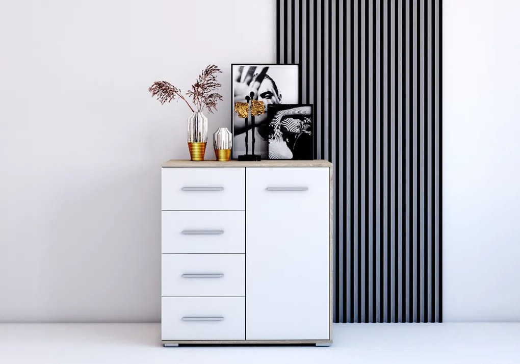 IDZ Komoda FRIDA MINI 1D4S 01, 90 cm Bílá / Dub Sonoma