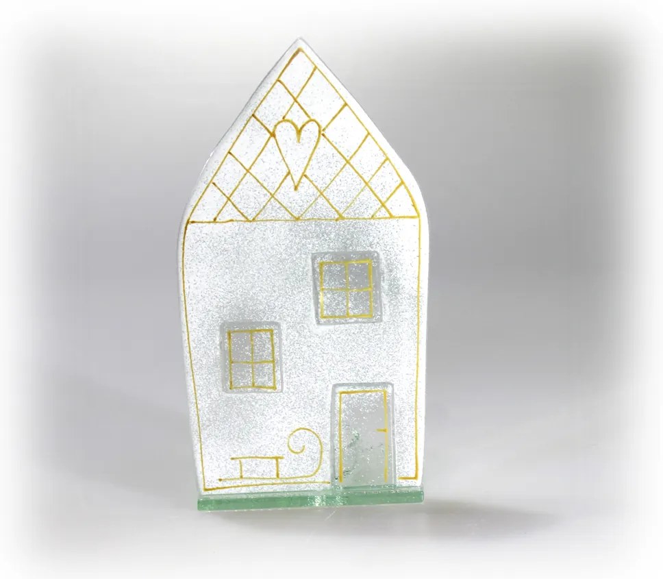 BDK-GLASS Skleněný domeček na čajovou svíčku - bílo zlatý Rozměr: 6x11cm