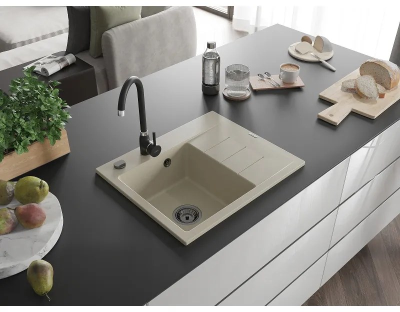 Mexen Ben, 1-komorový granitový dřez 600x500x190 mm, levý + černý sifon, béžová, 6522605000-69-B