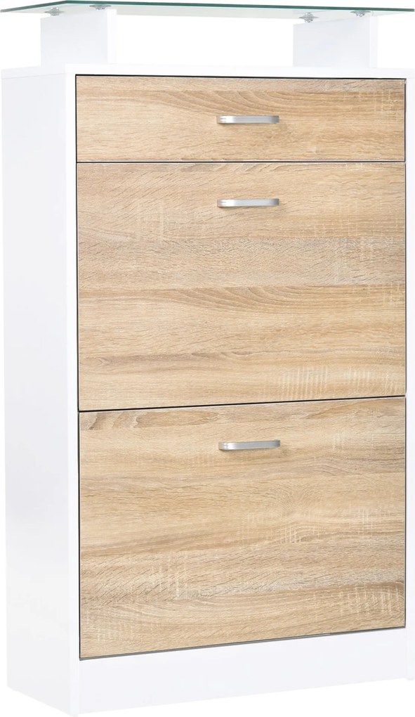 HOMCOM Botník se 3 šuplíky, skleněnou policí a hliníkovými úchyty pro předsíň, nosnost 50 kg, 60x24x105,5 cm | Aosom