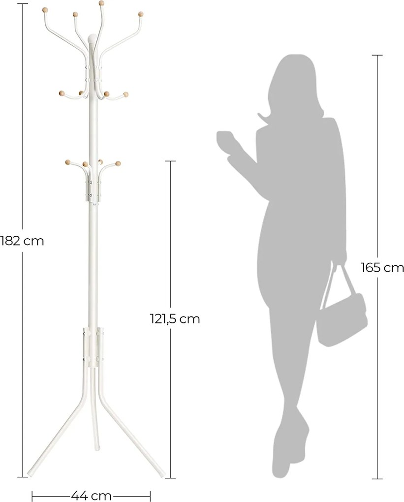 Stojan na kabáty se 12 háčky, stabilní kovový věšák, 182 cm vysoký, bílý