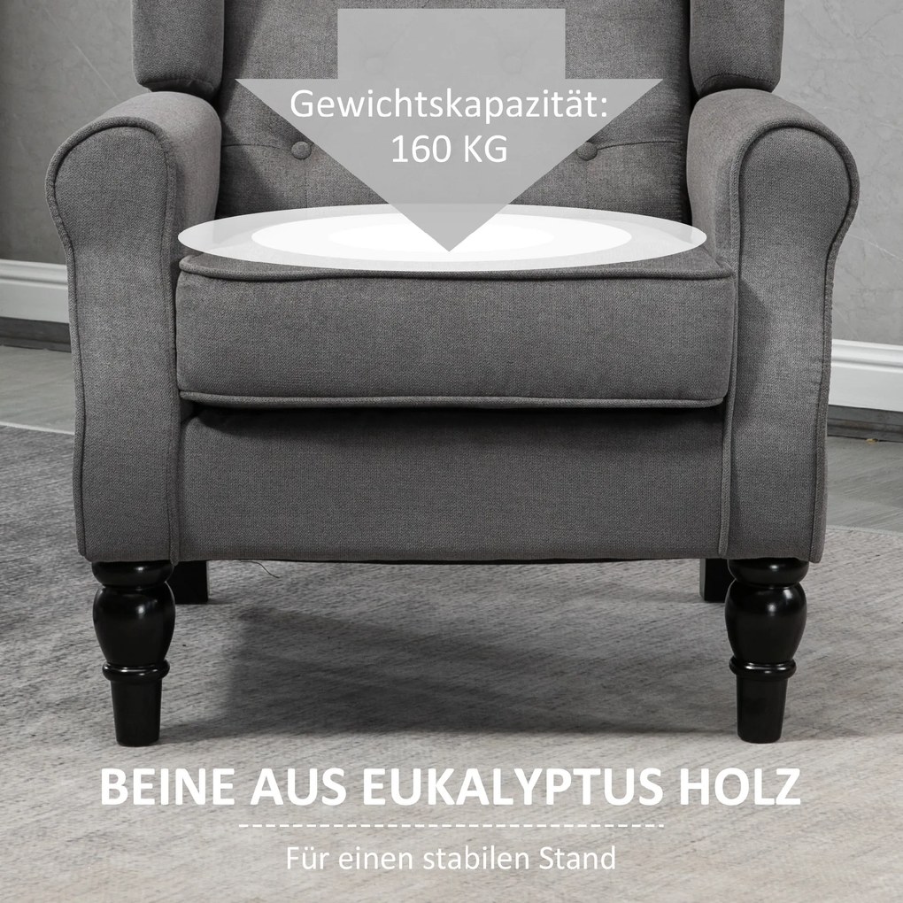 HOMCOM křeslo polohovatelné křídlo s čalouněním, dřevěné nohy, polyester, tmavě šedá, 74x86x102cm, do obývacího pokoje a ložnice