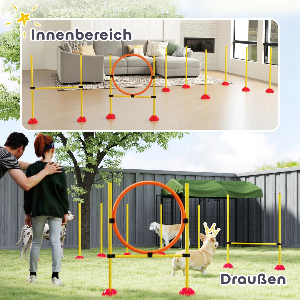 PawHut Agility Set pro psy - 3dílná výbava na agility pro výcvik psů, skokové překážky s nastavitelnými slalomovými tyčemi a kruhy pro koordinaci