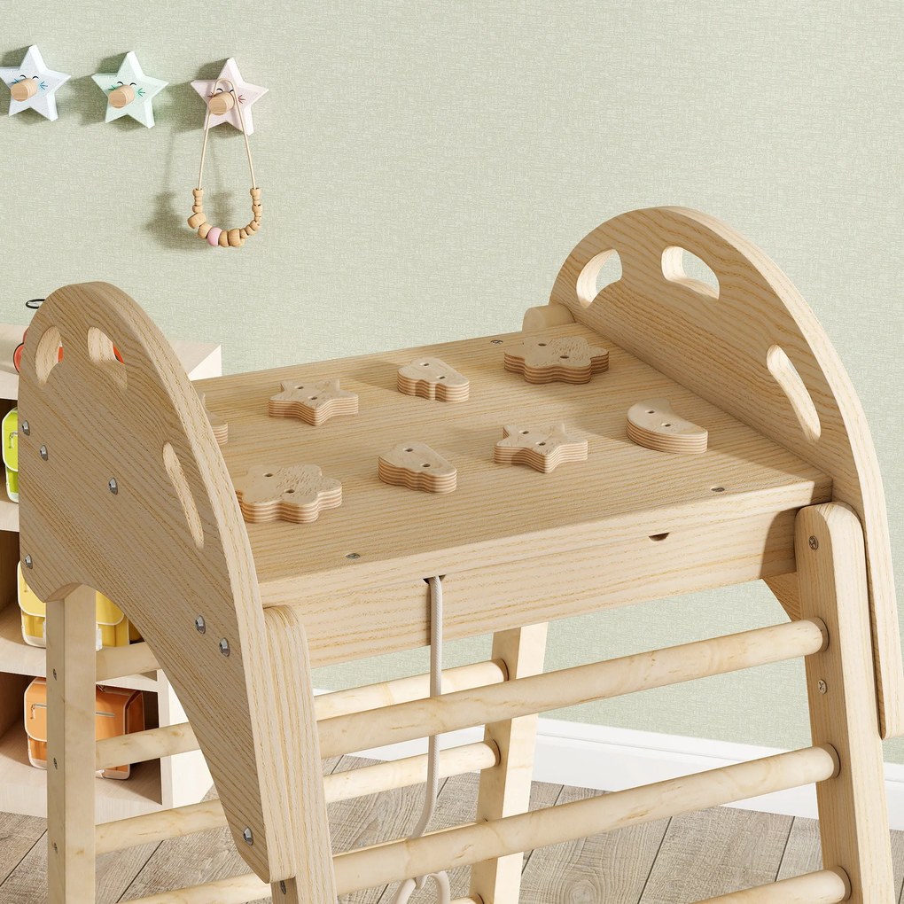 AIYAPLAY 6v1 Montessori lezecký trojúhelník s platformou a kruhy, dřevěný lezecký rám se skluzavkou, přírodní