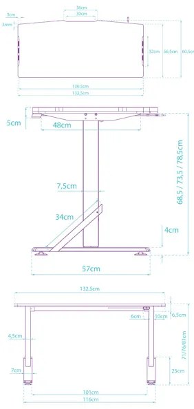 Herní stůl ULTRADESK IRON - 132 cm, nastavitelná výška podsvícený, černý