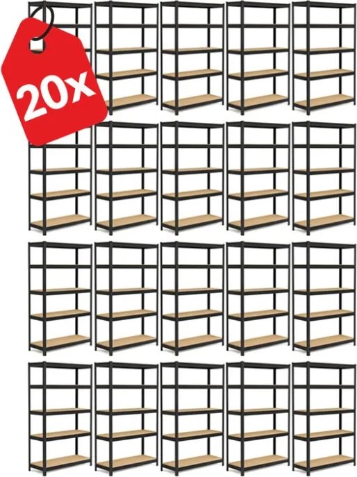 Akce 20x Regál 160x80x40 cm lakovaný 5-policový, nosnost 875 kg - černý