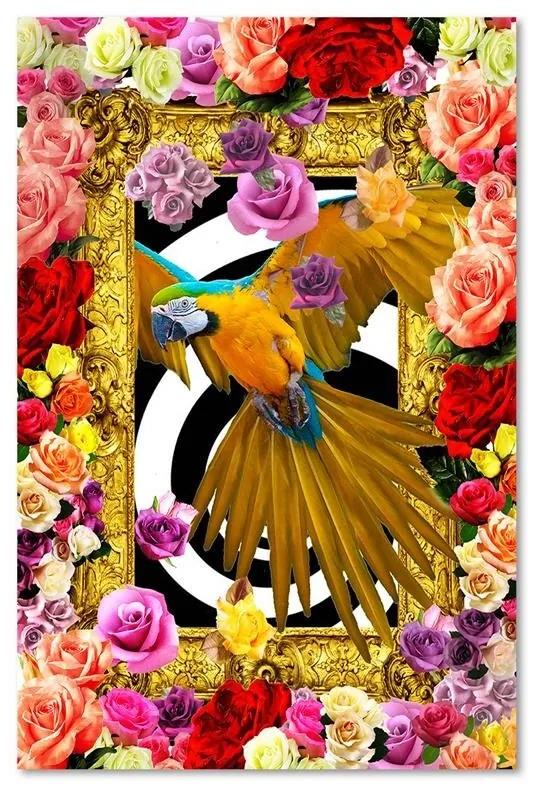 Obraz na plátně, Papoušek Barevné květiny Růže - 60x90 cm