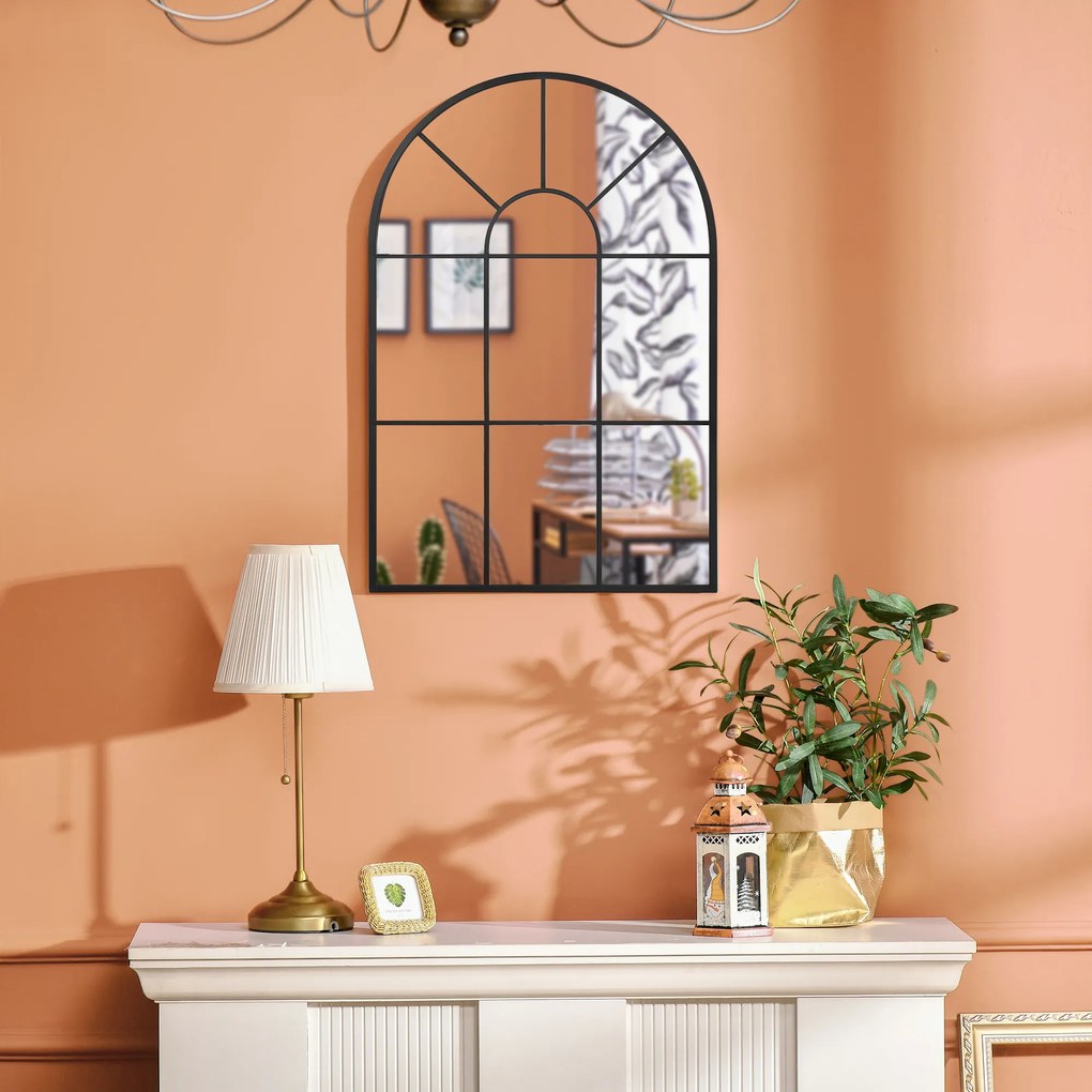 HOMCOM Obloukové okenní nástěnné zrcadlo 91x60cm s kovovým rámem ze skla do obývacího pokoje ložnice jídelny předsíně v černé barvě | Aosom.de
