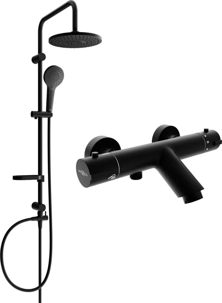 Mexen Erik vanovo-sprchový set s dešťovou sprchou a vanovou termostatickou baterií Kai, černá, 77300205-70