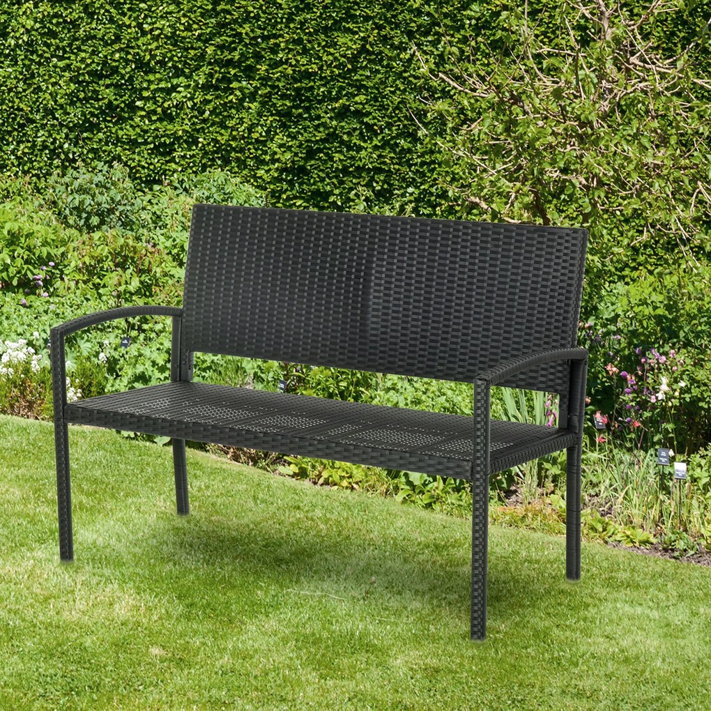 Outsunny polyratanová zahradní lavička 2místná lavička s ocelovým rámem a proutím černá Š122 x H60 x V87cm pro zahradu a terasu