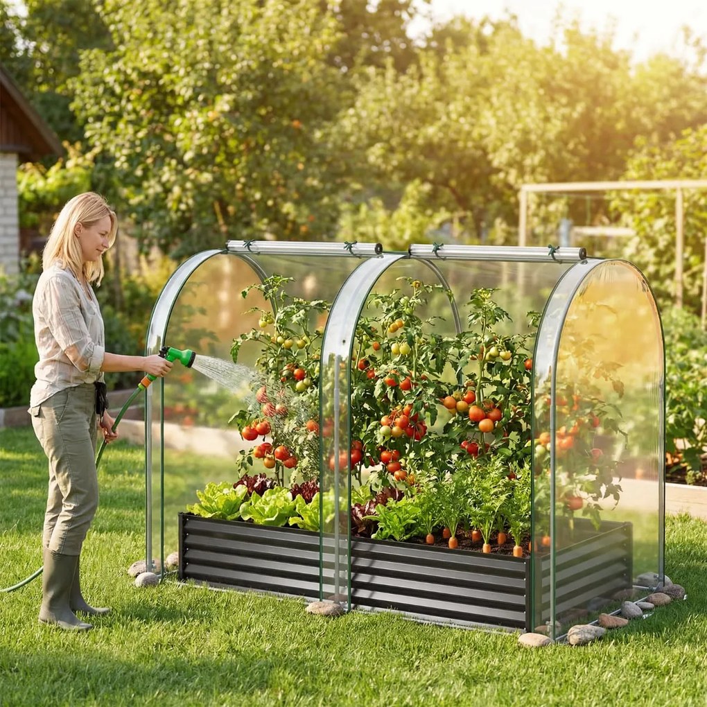 Costway 3 ve 1 vyvýšeném záhonu se skleníkovým kovovým květináčem s PVC – černý