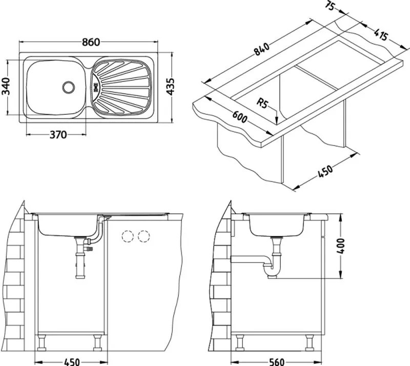 ALVEUS BASIC 80 kuchyňský dřez nerez, 860 x 435 mm, tkaná struktura 1008993