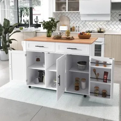 Aosom Velký kuchyňský ostrov s rozkládací prodlužovací deskou, 5 koleček (2 aretovatelná), 129 x 46/71 x 91,5 cm, bílá+přírodní barva