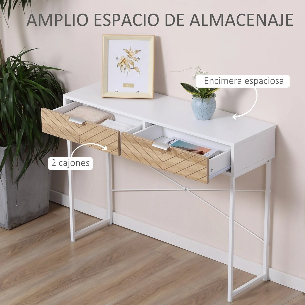 HOMCOM Úzký konzolový stolek do předsíně s 2 zásuvkami, design s vyřezávanými liniemi, moderní styl pro chodbu, obývací pokoj a ložnici 100x30x75 cm …