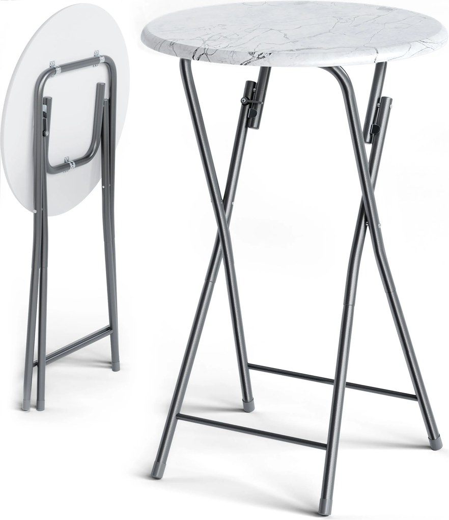 Barový stolek sada 2 ks skládací Ø60cm dekor mramoru bílý 110cm výška