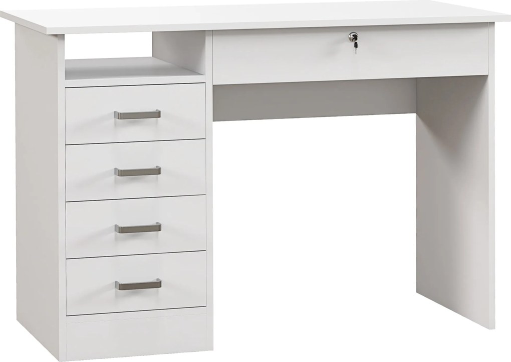 HOMCOM Moderní Počítačový Stůl s 5 Zásuvkami, Velká Deska, 1 Otevřený Úložný Prostor, Zámková Zásuvka, 110x50x76 cm, Bílý | Aosom