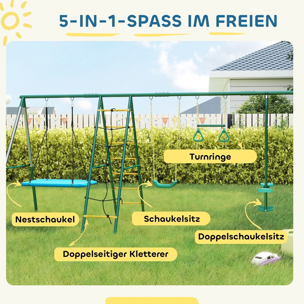 houpací rám 5 v 1 s nastavitelným hnízdem Gymnastické kruhy Dvoumístná prolézačka pro 3-8 let 440x175x203 cm