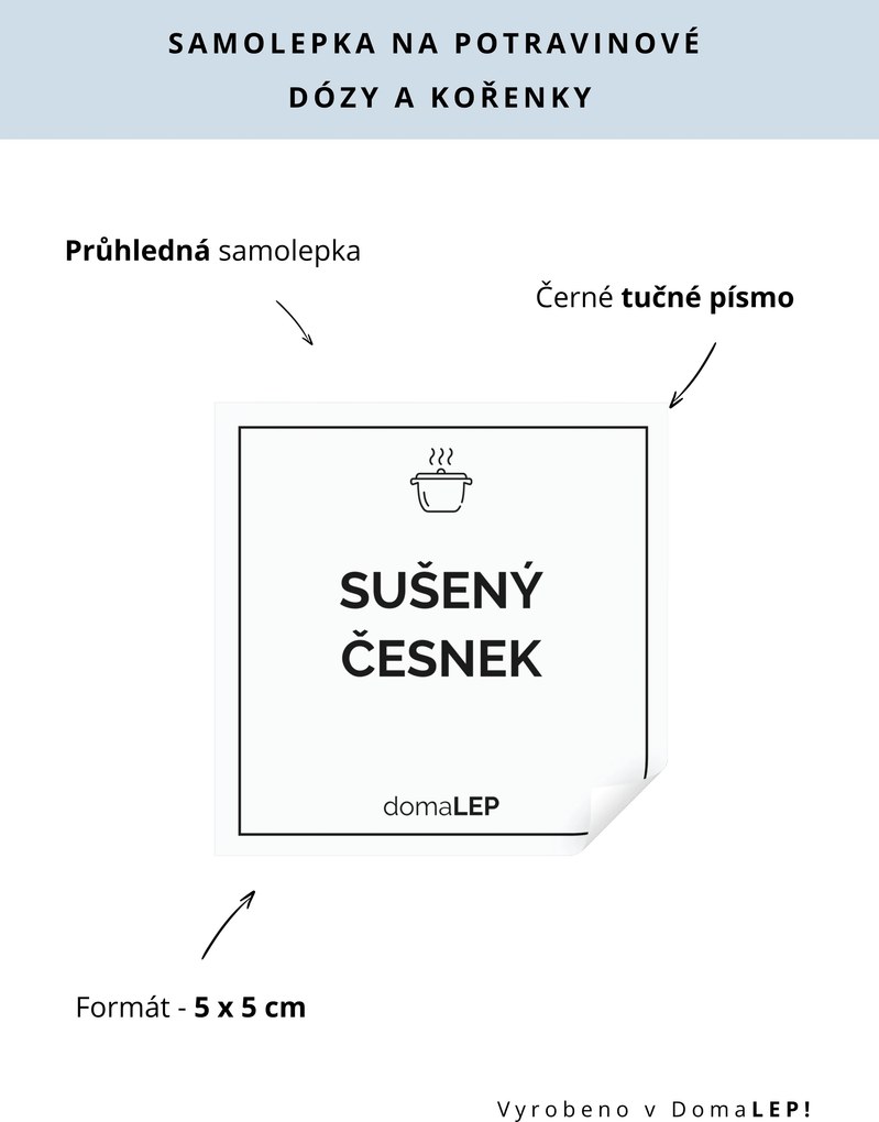 Samolepka na kořenky SUŠENÝ ČESNEK průhledná 5 × 5 cm tučné písmo