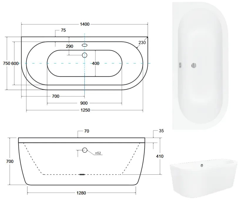 NIKIDO - B Přístěnná vana VISTA 140, 150, 160, 170 Rozměry: 160 x 75cm