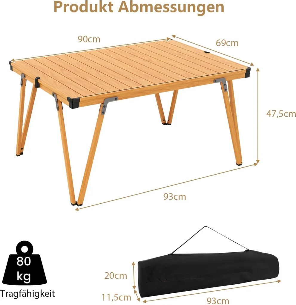 Costway Kempingový stůl s voděodolnou deskou a taškou, hnědý